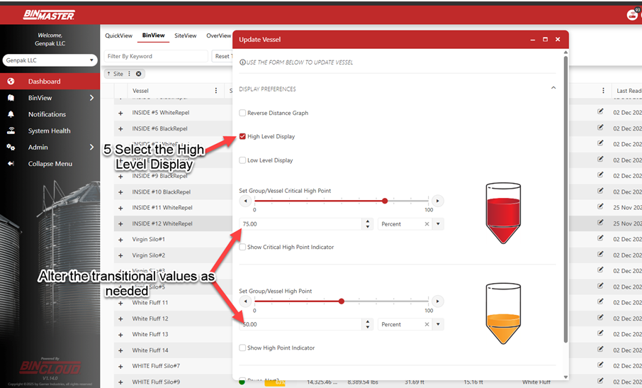 BinCloud: Change colors – BinMaster Level Controls